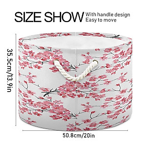 SUABO Large Pink Storage Basket, Cherry Blossoms Laundry Hamper Collapsible Hamper Bin with Handle, Laundry Baskets for Clothes, 20x14