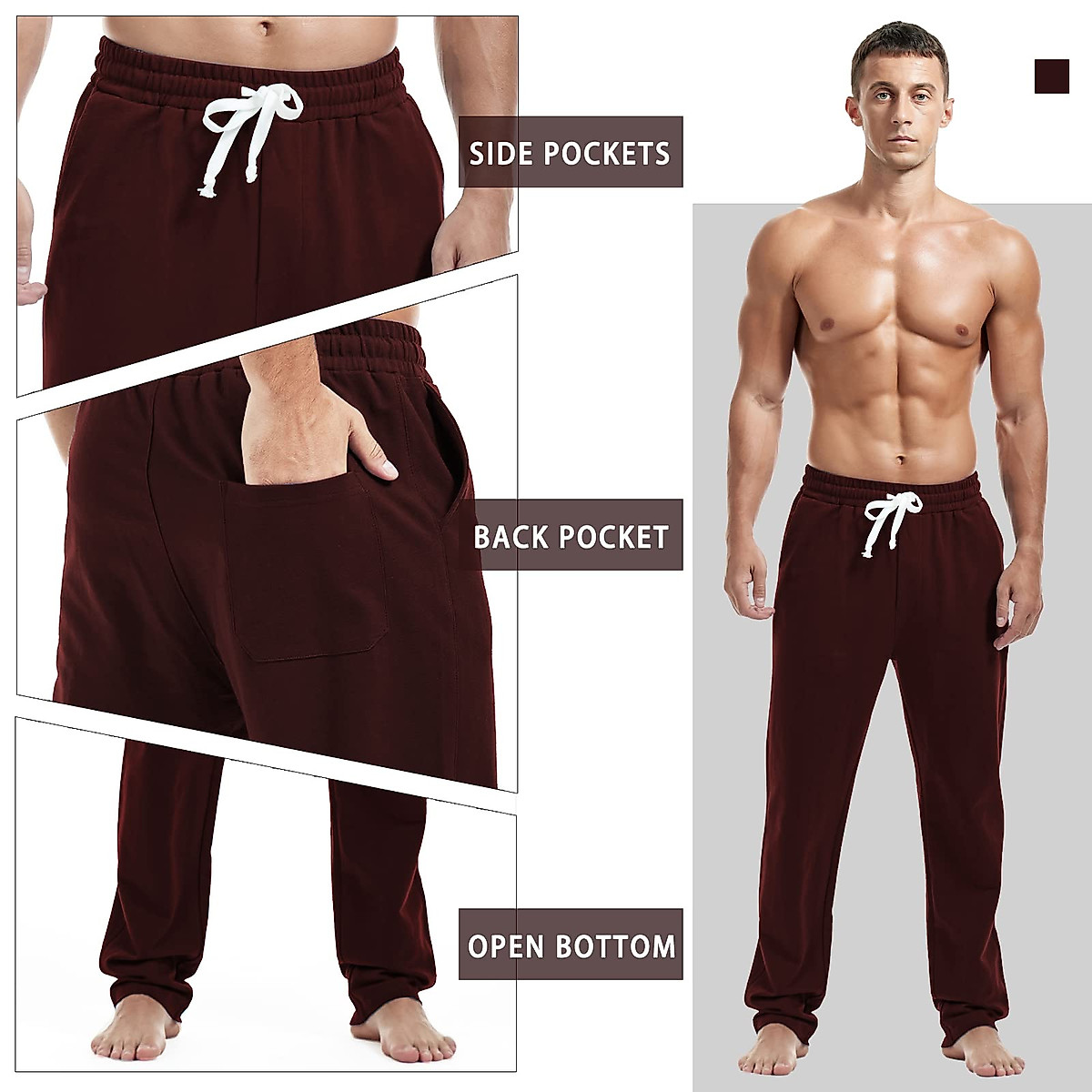 AMY COULEE Mens Cotton Athletic Pants Open Bottom Running Sweatpants Straight Leg Casual Joggers with Pockets (Wine Red, XXL)