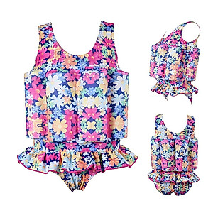 Kids Baby Girls Float Suit Floral Floatation Swimsuit with Adjustable Buoyancy Bathing Swimwear Toddler One Piece Swimming Suit Summer Sleeveless Ruffle Tutu Swim Dress Colorful Floral 18-24 Months