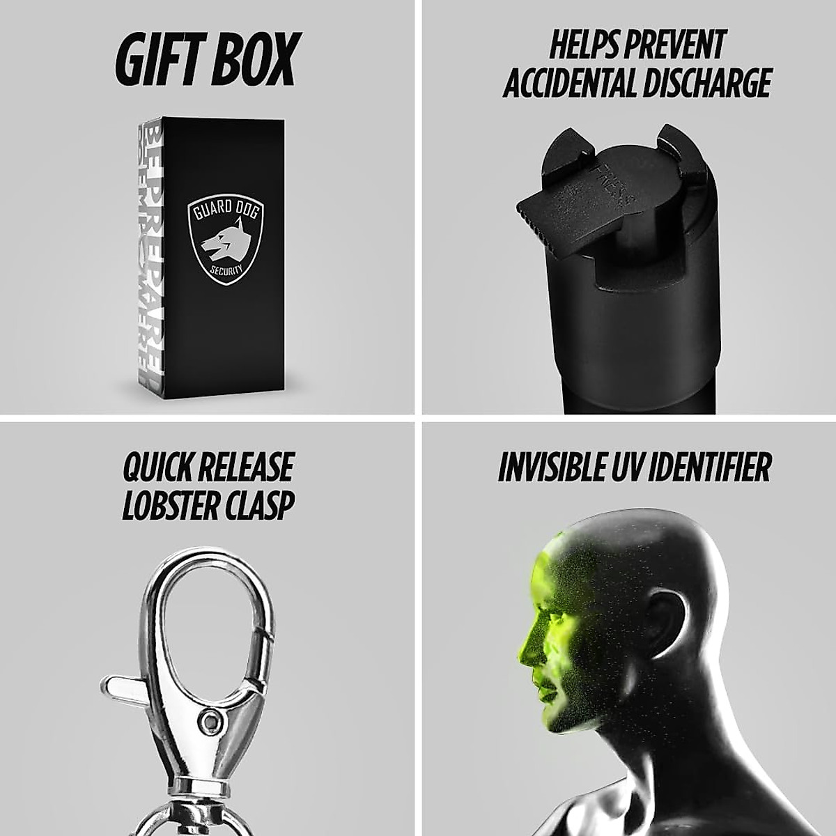 Guard Dog Security Pepper Spray Keychain for Self Defense with Small Leather Pepper Spray Case, OC Spray, 16 Feet Longer Range, UV Dye, Twist Top Safety, Lobster Clap (Black/Black 2-Pack)