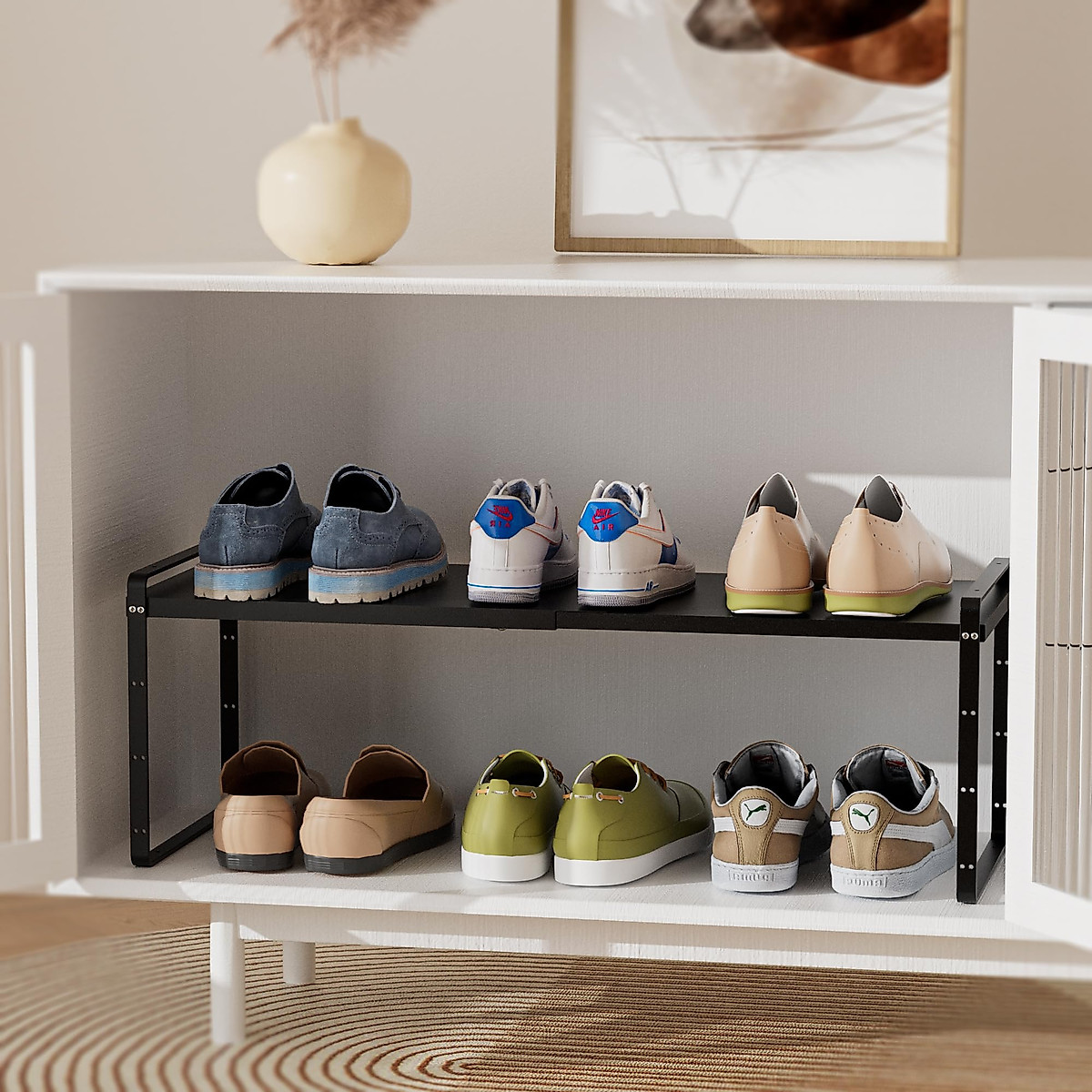 SANNO Expandable Cabinet Shelf Rack,Large Kitchen Cupboard Organizer Stackable Counter Shelf Organizer large Expandable Shelves Cupboard Organizer Rack, Black, 3 pack