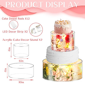 ALEXPRE 2PCS Clear Acrylic Wedding Cake Stand, Fillable Cake Box with Lid, LED Lights, 6 & 10 Inch, 3M LED Lights