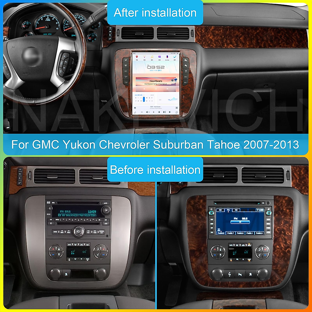 NAKEVICH Qualcomm Android 11 Car Radio for GMC Yukon Tahoe Suburban Chevrolet Silverado 2007-2013 Stereo Upgrade Tesla Style Dash IPS Touch Screen Android Auto GPS Navigation Multimedia Play