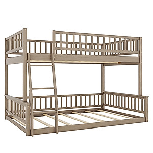ATY Full XL Over Queen Bunk Bed, Convertible Wooden Bedframe with Ladder and Guardrails, Can Bed Seperated into 2Beds, for Kids Bedroom, Dorm, No Spring Needed, 84.7" L x 63.7" W x 58.3" H,Natural