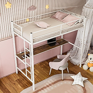 IKIFLY Metal Twin Size Loft Bed with Desk & Charging Station, Heavy Duty Loft Bed Frame with Safety Guard Rail and Ladder, Space-Saving Design, Noise Free, No Box Spring Needed - White