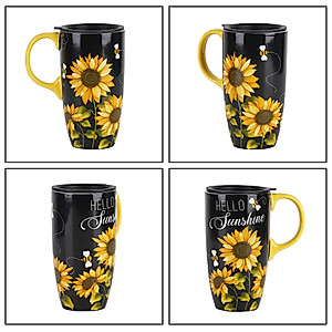 Topadorn Ceramic Coffee Mug Gift for Home & Office, 17oz. Porcelain Latte Travel Cup with Lid and Color Box, Sunflower Art Tea Mug with Handle, 6.5" H