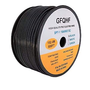 GFQHF 500FT SPT-1 Black Electrical Wire,UL Listed 18/2 Zip Cord Wire 18 Gauge Wire,Work with SPT-1 Vampire Plug