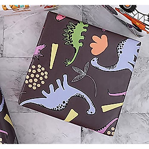 U'COVER Birthday Gift Wrapping Paper for Boys Kids Girls Baby Shower Wrapping Paper Roll 3 Styles Cartoon Dinosaur Monster Car for Holiday Anniversary