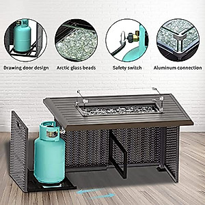 Halmuz 8 Piece Outdoor Patio Furniture Set with Gas Fire Pit Table, Wicker Propane Fire Pit Table Combo Sofa with Windshield and Coffee Table (Brown)