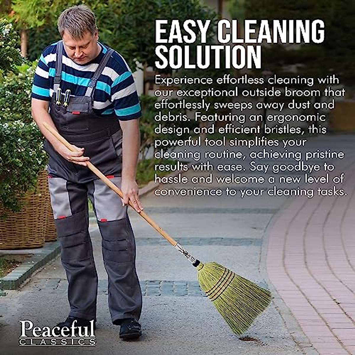 Peaceful Classics Wooden Broom - Handmade Amish Corn Broom with Hard Wood Handle, Heavy Duty Indoor Broom/Outdoor Broom for Any Floor with Straw Broom Sweeper Brushes, Wood Broom for Sweeping, Yellow