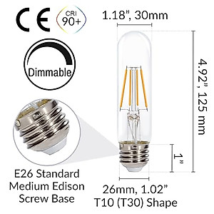 Simba Lighting LED T10 Tubular Edison Filament Light Bulbs (3 Pack) 6W Dimmable 60W Equivalent 120V for Cabinet Display, Piano Lamps, Clear Glass Decorative, Standard Medium E26 Base, Warm White 2700K
