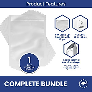 Wallaby 50 Count 1-Pint Gusset Mylar Bags with Labels, 11 Mil Total Thicker Long-Term Food Storage Pouches, 6x8 Stand-Up Zipper Heat-Sealable Airtight Packaging - Silver