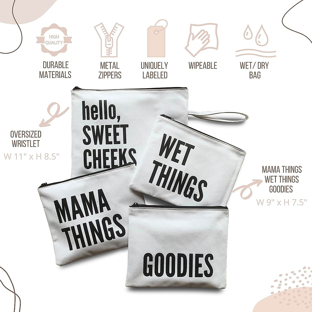 Lucky Love Diaper Bag Organizing Pouches | Set of 4 Including Diaper Clutch | Dry Wet Bag (White & Black)