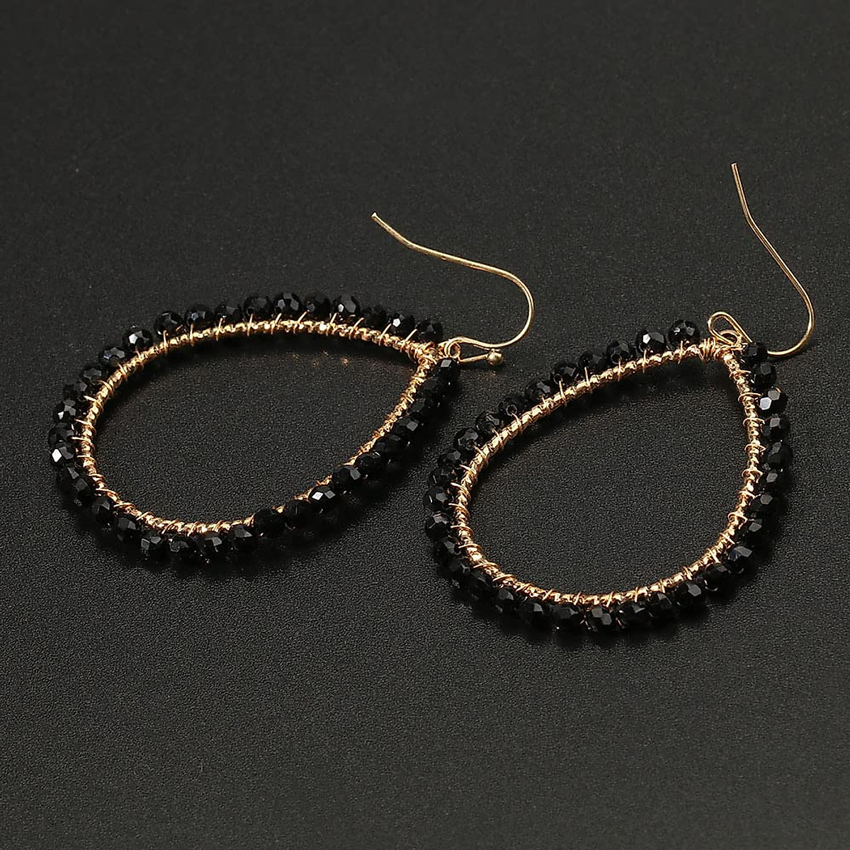 Bohemian Boho Beaded Teardrop Dangle Drop Earrings Hollow Sparkly Crystal Gold Wire Wrapped Crystal Earrings for Women Statement Jewelry-black