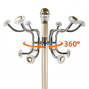 Julenshion Metal Coat Rack Stand,Coat Rack Freestanding Tree with 360° Rotary Hanger 16 pcs Hooks for Jackets Hats Bags Purses Entryway Hall Bedroom(Champagne)