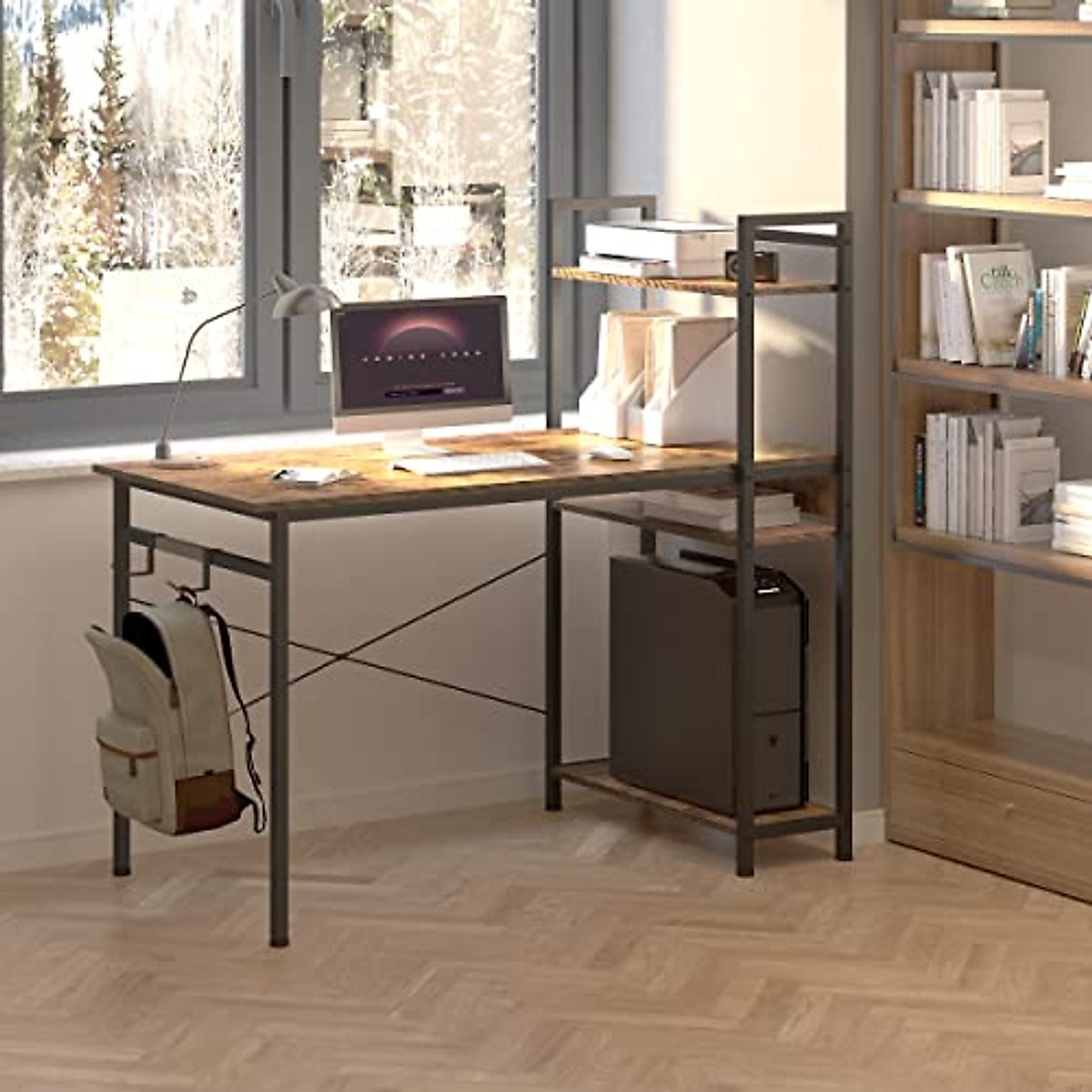 KYNEULIFE Computer Desk with Shelves,The Bookshelf is 9.5 inches Wide Home Office Desks Table 47 Inch PC Desk Bedroom Desk Work Desk Study Desk Wood Desk with Storage, Student,Rustic Brown