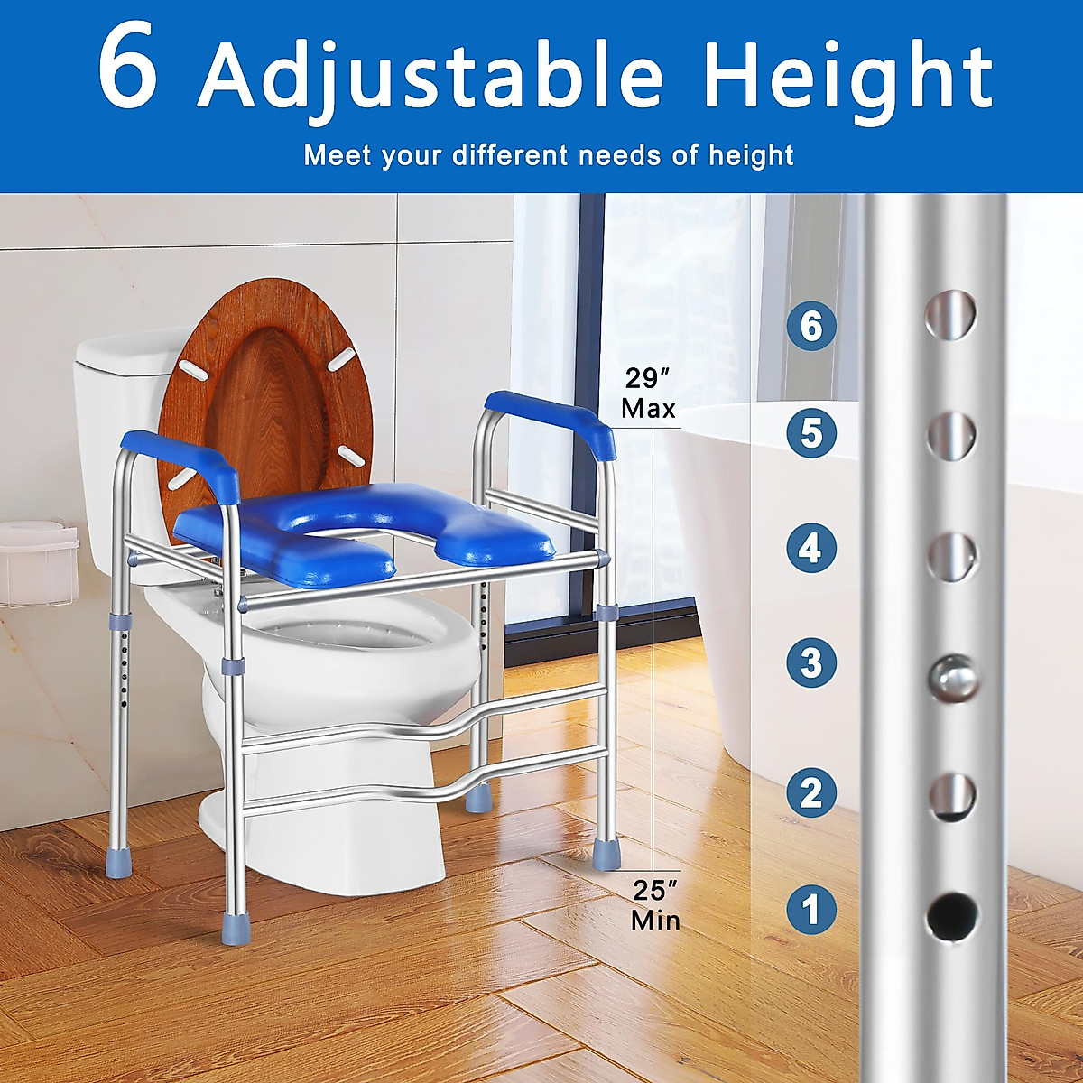 Deewow Raised Toilet Seat with Handles up to 450lbs, Elevated Toilet Seat Riser for Seniors, Raised Toilet Seat for Elderly, Pregnant and Handicap, Height Adjustable, Fit Any Toilet, Blue