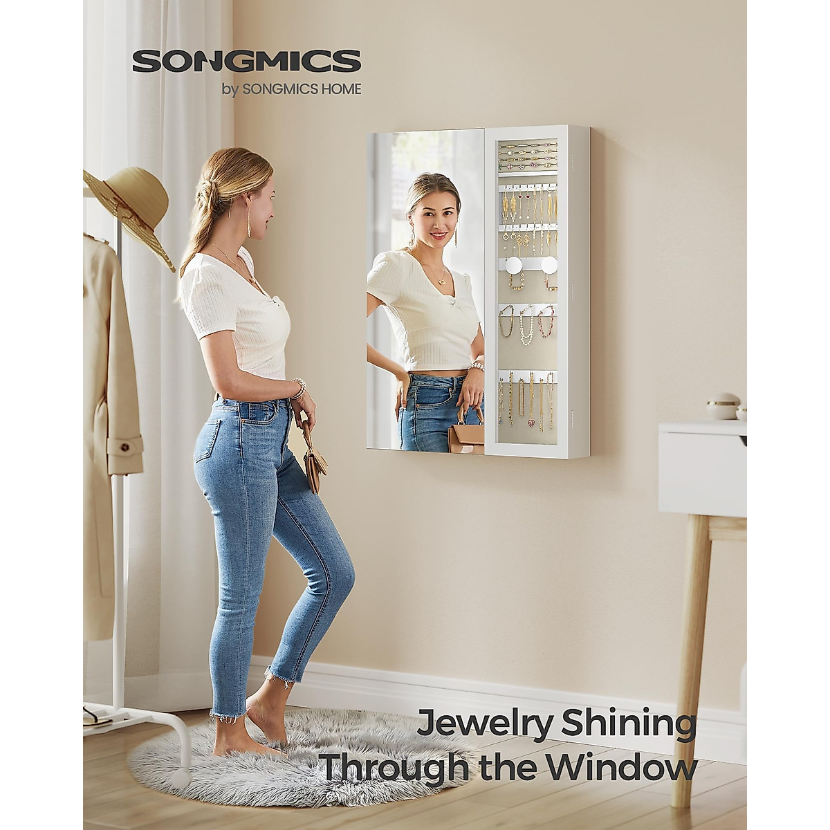 SONGMICS LED Jewelry Cabinet, Mirror with Jewelry Storage, Glass Window, Wall Door-Mounted, 3.9 x 23.6 x 31.5 Inches, Interior Mirror, 3-in-1, Bedroom, Dressing Room, Gift, White and Greige UJJC028W01