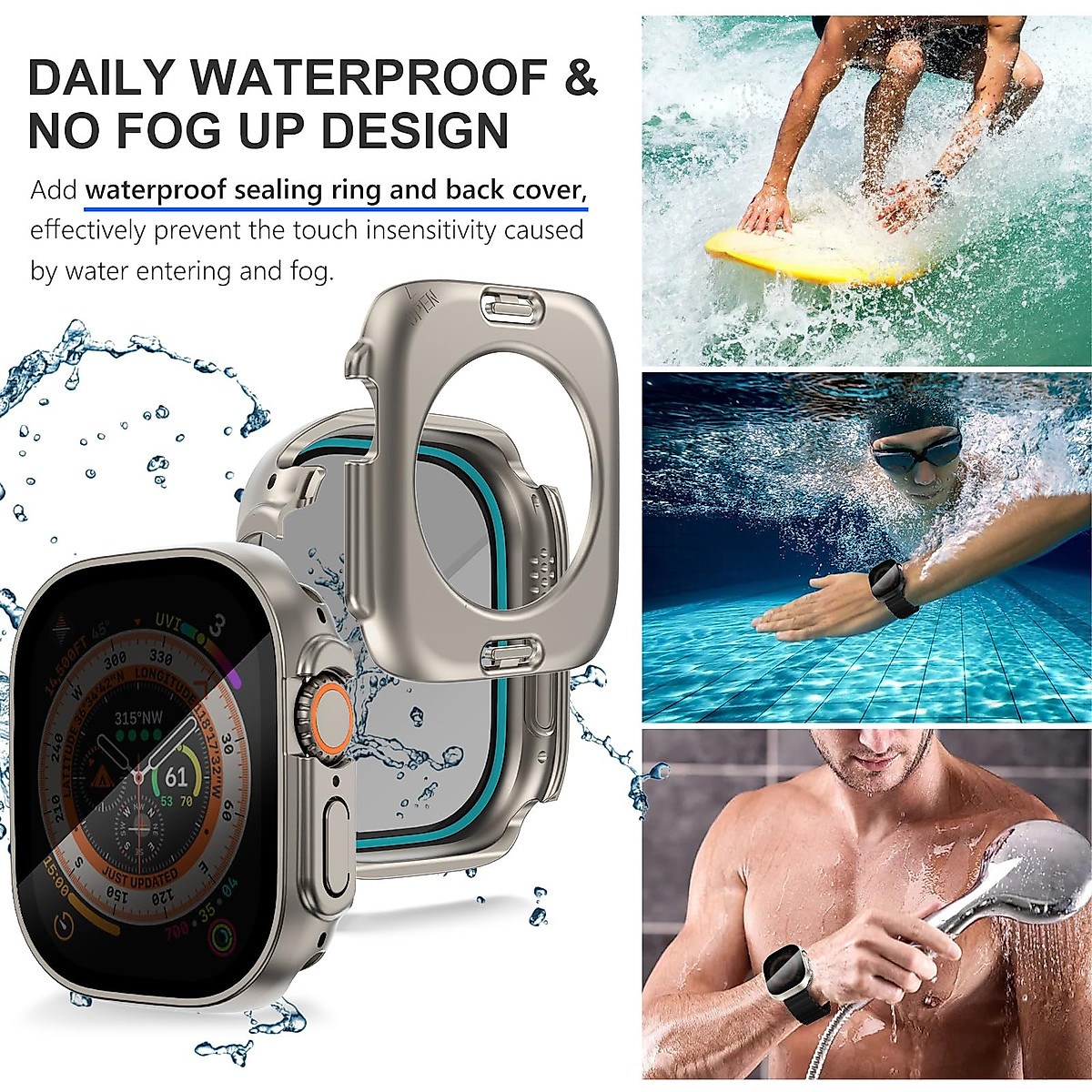 WINGLE 2 Pack for Apple Watch Ultra 2 49mm Privacy Screen Protector Case, [Anti-Peeping] 2 in 1 Waterproof 360 Protective Glass Face Cover Hard PC Bumper for iWatch Ultra 49 mm, Titanium