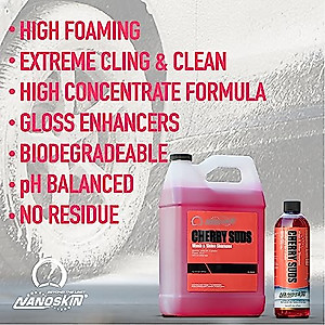 Nanoskin CHERRY SUDS Foaming Car Wash Shampoo 1 Gallon - Works with Foam Cannon, Foam Gun, Bucket Washes, Car Soap for Pressure Washer | Safe for Cars Trucks, Motorcycles, RVs & More | Cherry Scented