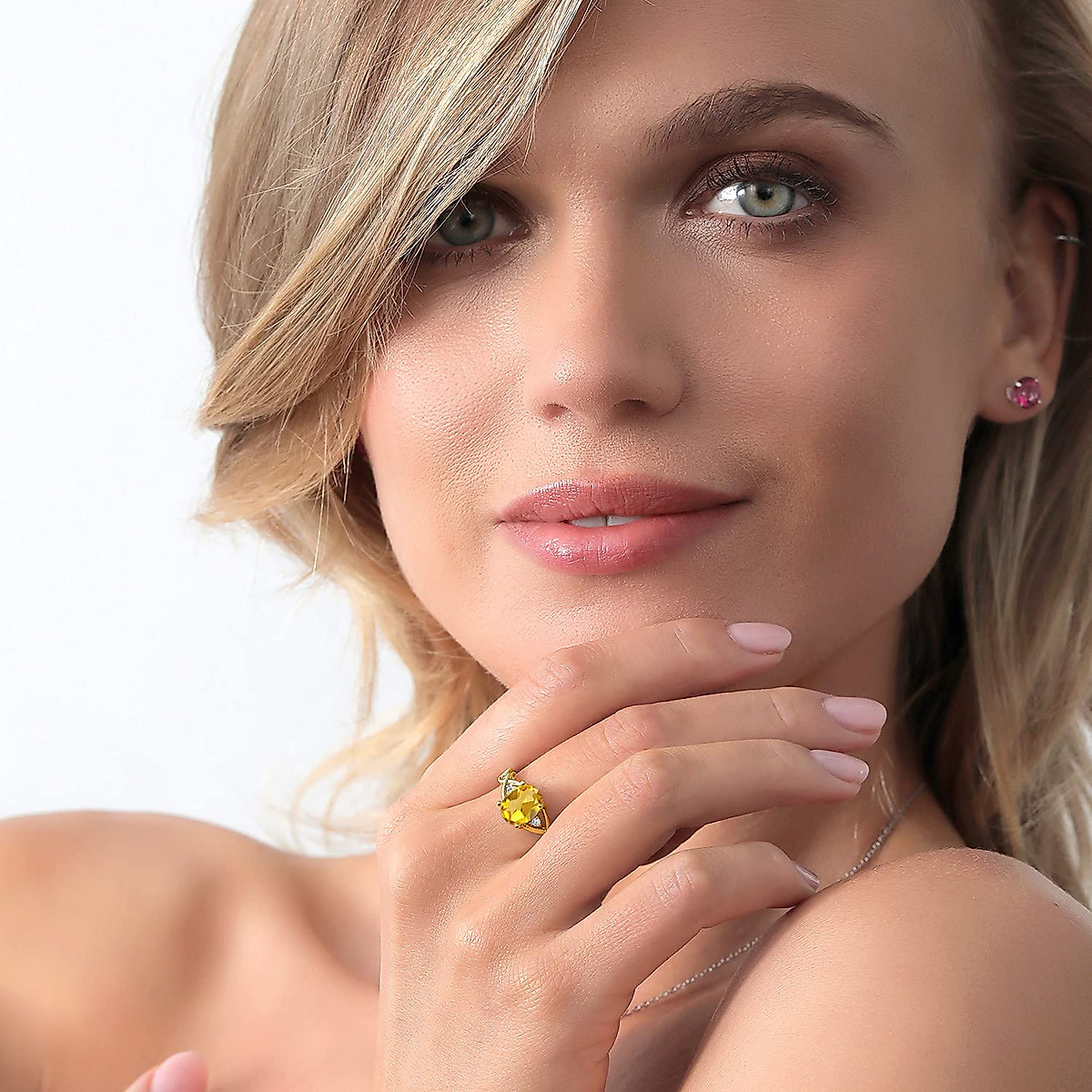 Gem Stone King 18K Yellow Gold Plated Silver Yellow Citrine and White Topaz Engagement Ring For Women | 1.55 Cttw | Oval 9X7MM | Gemstone Birthstone | Ring Size 5-9