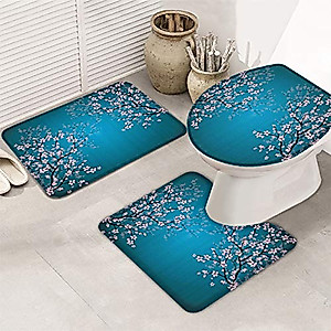 3 Piece Bath Rugs Sets, Elegant Cherry Blossoms Non Slip Bathroom Carpet Blue Water Absorbent U-Shaped Toilet Mat, Toilet Lid Cover