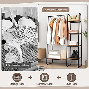 Tangkula Garment Rack with Shelves, Clothes Rack with 5 Shelves & Hanging Bar, Open Wardrobe for Hanging Clothes and Storage, Free Standing Closet Organizer, Clothing Rack for Bedroom Entryway