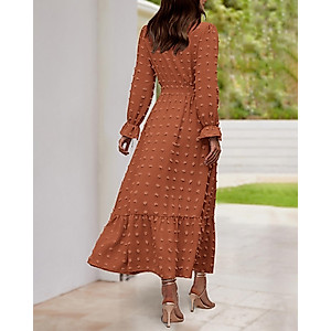 BTFBM Women Fall Dresses 2023 Long Sleeve V Neck Swiss Dots Maxi Dress Boho Long Dress High Waisted A-Line Ruffle Dress(Solid Orange,Small)