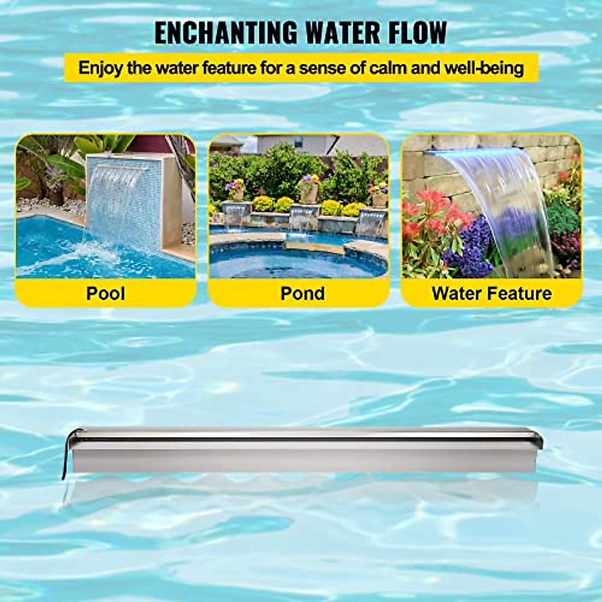 VEVOR Pool Fountain Stainless Steel Pool Waterfall 35.4" x 4.5" x 3.1"(W x D x H) with LED Strip Light Waterfall Spillway with Pipe Connector Rectangular Garden Outdoor