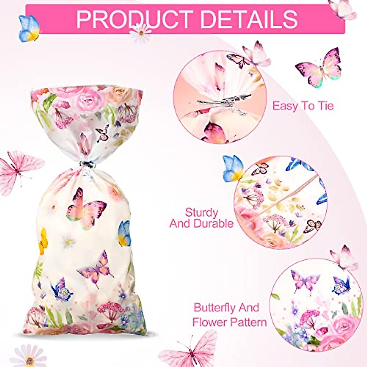 Pajean 100 Pcs Butterflies Cellophane Treat Bags Watercolor Flowers Butterfly Printed Goodie Candy Favor Bags with 100 Twist Ties for Butterfly Girls Birthday Baby Shower Summer Themed Party Supplies