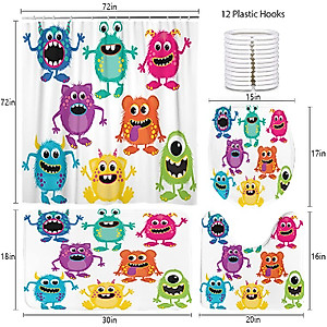 LOKMU 4 Pcs Shower Curtain Sets with Non-Slip Rugs, Toilet Lid Cover and Bath Mat,Cartoon Fluffy Monsters Cute Little Kid Waterproof Shower Curtain with 12 Hooks, Bathroom Decor Sets, 72" x 72"