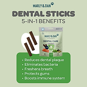 Marly & Dan Dental Care Chew Sticks, 5-in-1 Benefits for Dental and Immune System Health, Salmon, Peppermint & Green Tea, Chew Treats for Dogs (Dogs Over 25lbs)