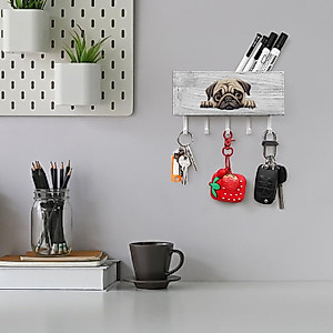 Pug Key Holder for Wall, Dog Mom Gift Mail Holder and Key Rack for Entryway,Rustic Key Hangers with 5 Hooks, Wall Mount for Entryway, Mudroom, Hallway