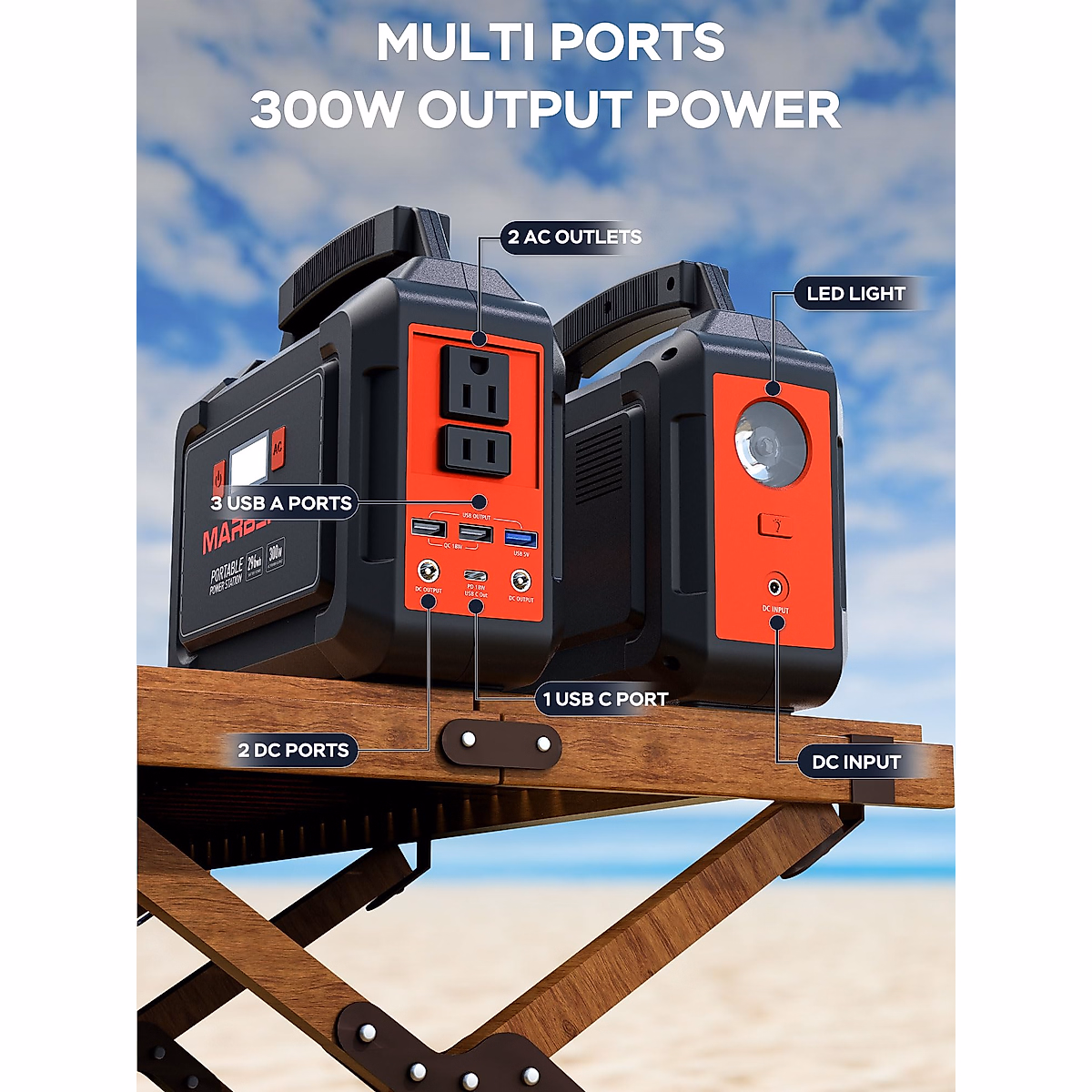 MARBERO Portable Power Station 300W Camping Solar Generators Lithium Battery 296Wh Power Supply with 110V AC Outlet, 2 DC Ports, 4 USB Ports, LED Flashlights for CPAP Home Camping Backup