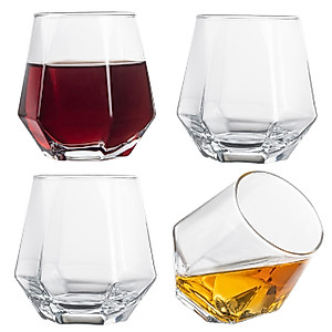 Diamond Whiskey Glasses - Stemless Wine Glass Set of 4- Geometric Tilting Design- Rolling Whiskey Glasses -Stem Less Anti Rocking Cup Diamonds Shaped Tilted Glassware Drinking Tumblers for Wiskey/Wine