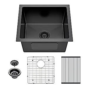 NAPECCA 17" Black Undermount Bar Sink - 17x17 Stainless Steel Square Single Bowl 18 Gauge, Gunmetal Black Small Kitchen Sinks, Nano Dark Grey Deep Modern Wet Bar/Island/Prep Sink with Accessories