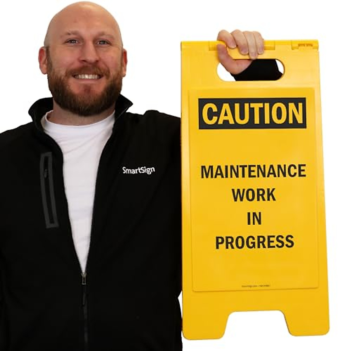 SmartSign 25 x 12 inch “Caution - Maintenance Work In Progress” Two-Sided Folding Floor Sign, Digitally Printed Polypropylene Plastic, Black and Yellow
