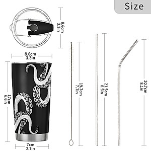 Yasala Tumbler Tentacles Octopus Black Insulated Coffee Cup Beverage Container Travel Mug with Straw and Lid Double Wall Stainless Steel 20oz BPA-Free for Sport, Back to School