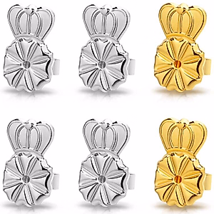 3 Pairs Earring Backs for Droopy Ears,10MM Adjustable Crown Large Earring Backs for Heavy Earring,18K Gold Plated Hypoallergenic Earring Lifters Secure Earring Backs for Studs(White+Gold)