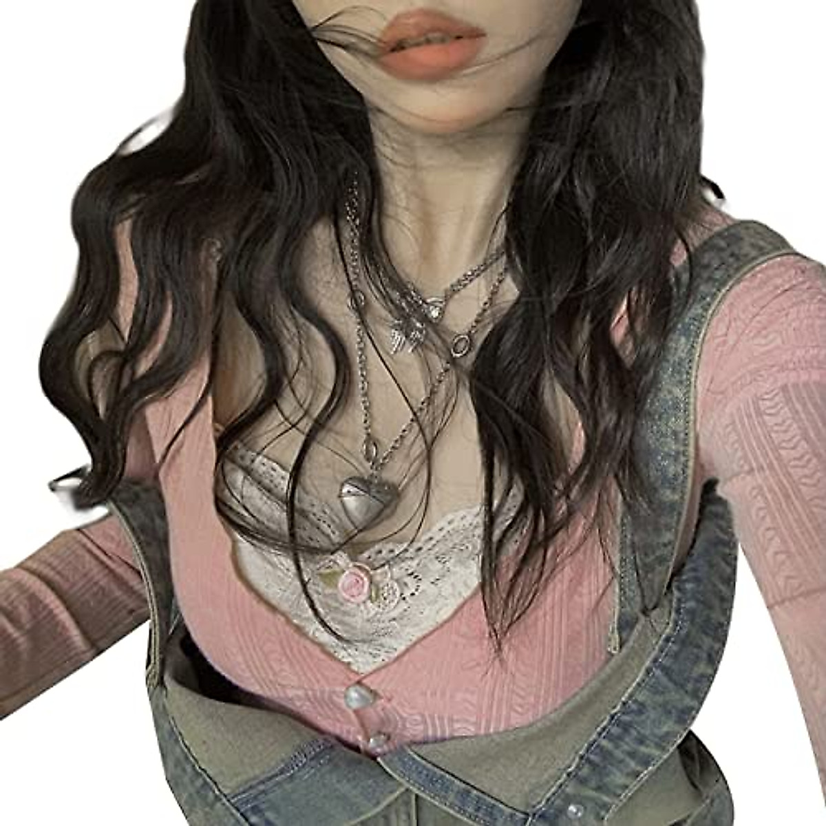 Y2K Women Lace Patchwork V-Neck Knitted Aesthetic Crop Tops Fall Long Sleeve Flim Fit Fairy Grunge Shirt E Girl Streetwear (Pink, S)