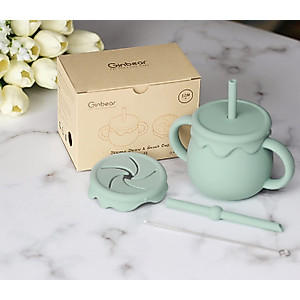 Ginbear 2-in-1 Silicone Baby Cups with Straw & Snack Cup Lid, 8.5 OZ Spill Proof Sippy Cups, Toddler Training Cup for ages 12 M+ (Hazy Green)