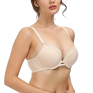 Pushlus Push Up Thick Padded Plunge Underwire T Shirt Lace Bra Lift Support for Women Add One Cup 36B Nude
