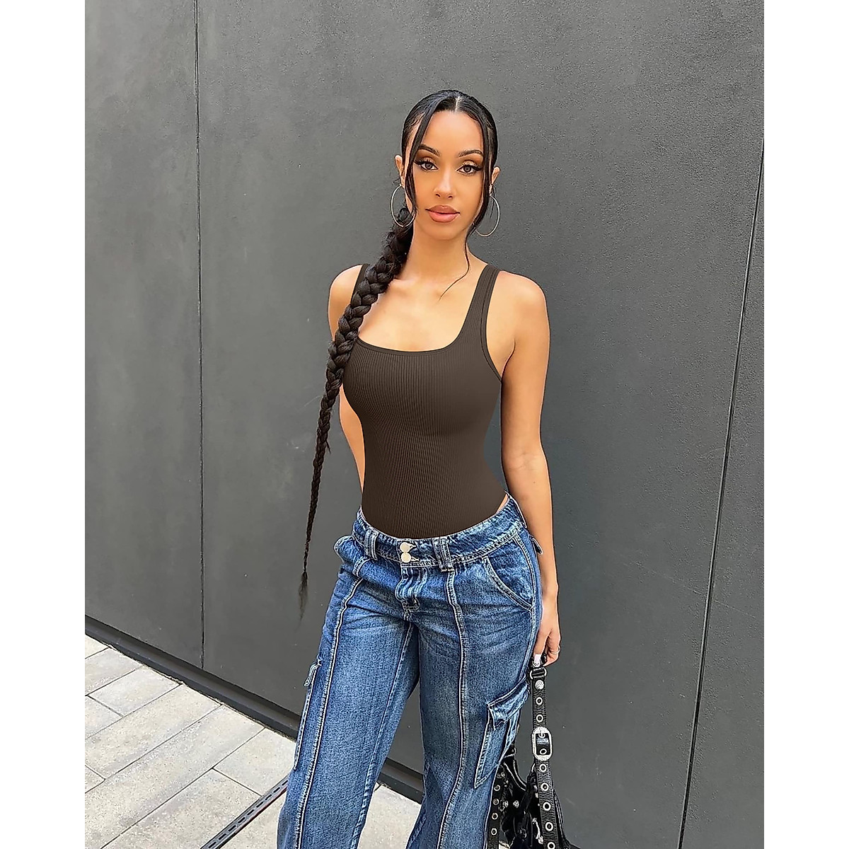 OQQ Women's 3 Piece Bodysuits Sexy Ribbed Sleeveless Square Neck Tank Tops Leotard 2025 Trendy Outfits Black Darkbrown Beige