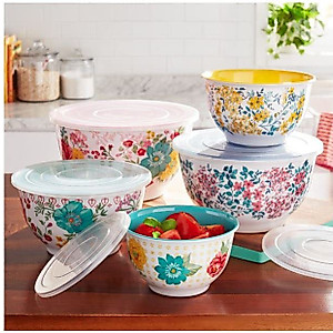 The Pioneer Woman Melamine Mixing Bowls Set with Lids 10-Pieces Bundle with Spoon Rest & Stainless Steel Silicone Kitchen Tongs Red (Total 12 Pieces)