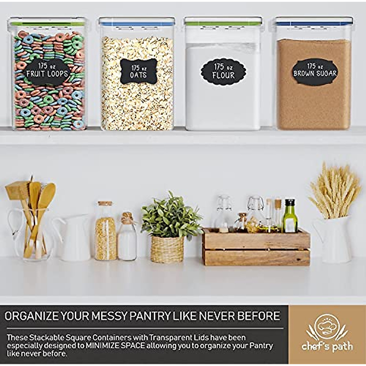 Chef's Path Extra Large Plastic Food Storage Containers with Lids for Flour & Sugar (4 PC, 175 Oz) - Airtight Kitchen & Pantry Organization for Bulk Food Storage, BPA-Free Kitchen Canisters