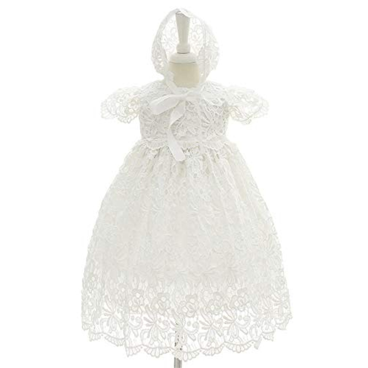 Bow Dream Baby Girls 4Pcs Gown and Bonnet Christening Baptism Dress Lace Baby Dress with Shoes White 3-6 Months