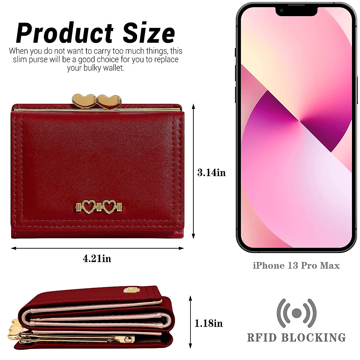 YINHEXI Wallet for Women, Cute Womens Wallet Card Holder, Small Trifold RFID Blocking Purse, Cute Small Leather Pocket Wallet for Women, Girls, Ladies Mini Short Purse (Burgundy)