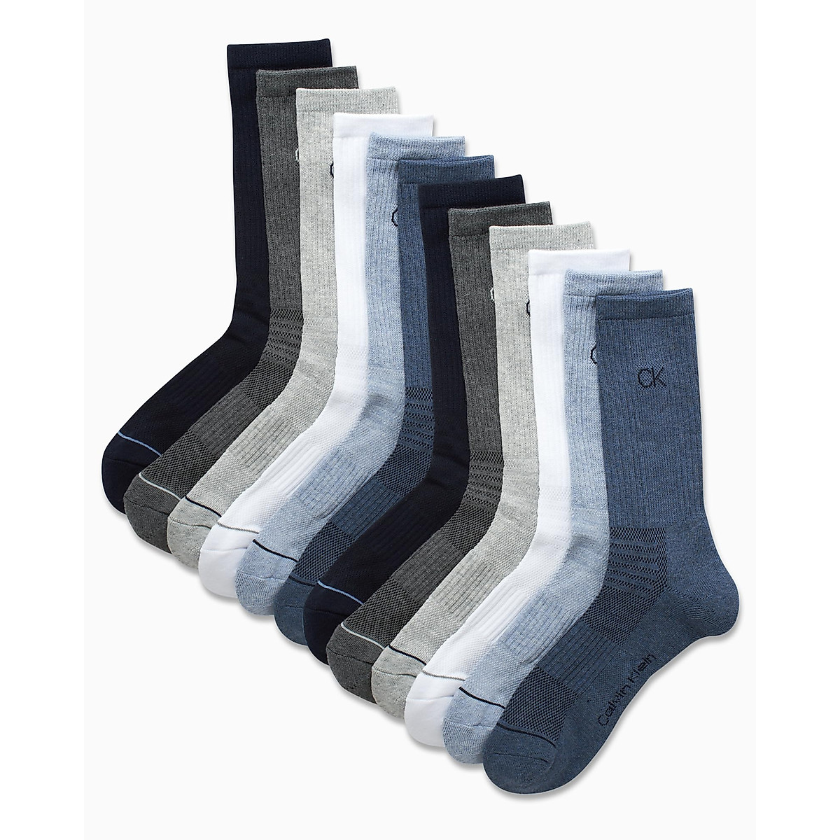 Calvin Klein Socks - Cushioned Mid-Calf Athletic Performance Crew Sock (12 Pack), Size 7-12, Blue Assorted