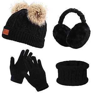 Fuyamp Kids Winter Hat Scarf Earmuffs and Gloves Set for 1-8 Year Girls and Boys, Knit Warm Toddler Winter, Lined Thermal Sets with Pompom(1-8 Year black)