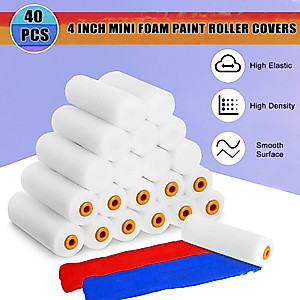 Nuogo 40 Pcs Foam Paint Roller Covers 4 Inch Small High Density Paint Roller Mini House Paint Rollers for Painting Wall Ceiling Cabinet Cupboard Door, White